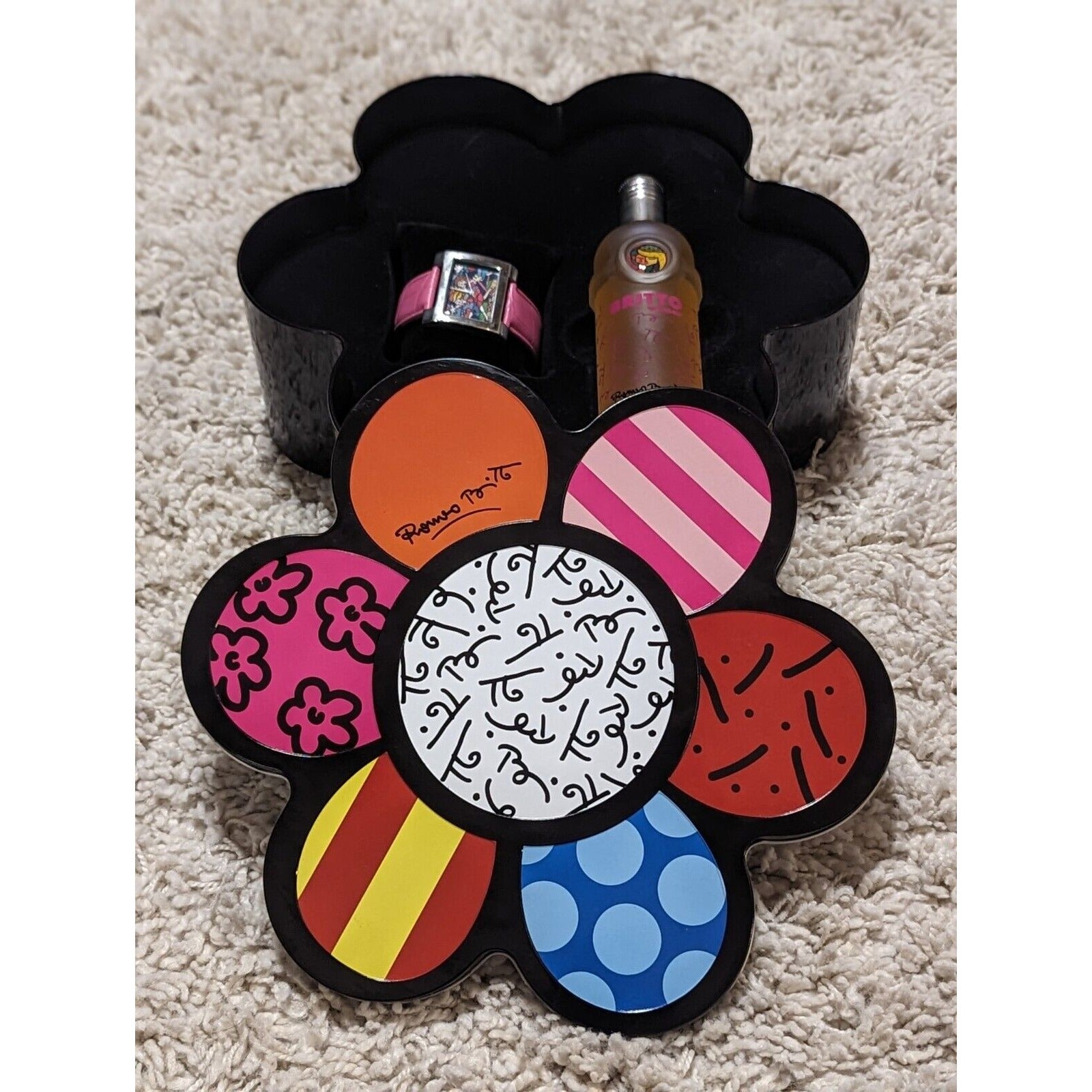 Romero Britto Watch & Eau De Parfum Perfume Gift Set in Metal Flower T ...